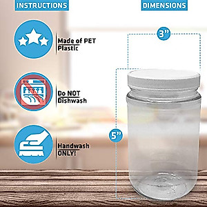 CSBD 16 Oz Clear Plastic Mason Jars With Ribbed Liner Screw On Lids, Wide Mouth, ECO, BPA Free, PET Plastic, Made In USA, Bulk Storage Containers, 6 Pack (16 Ounces)