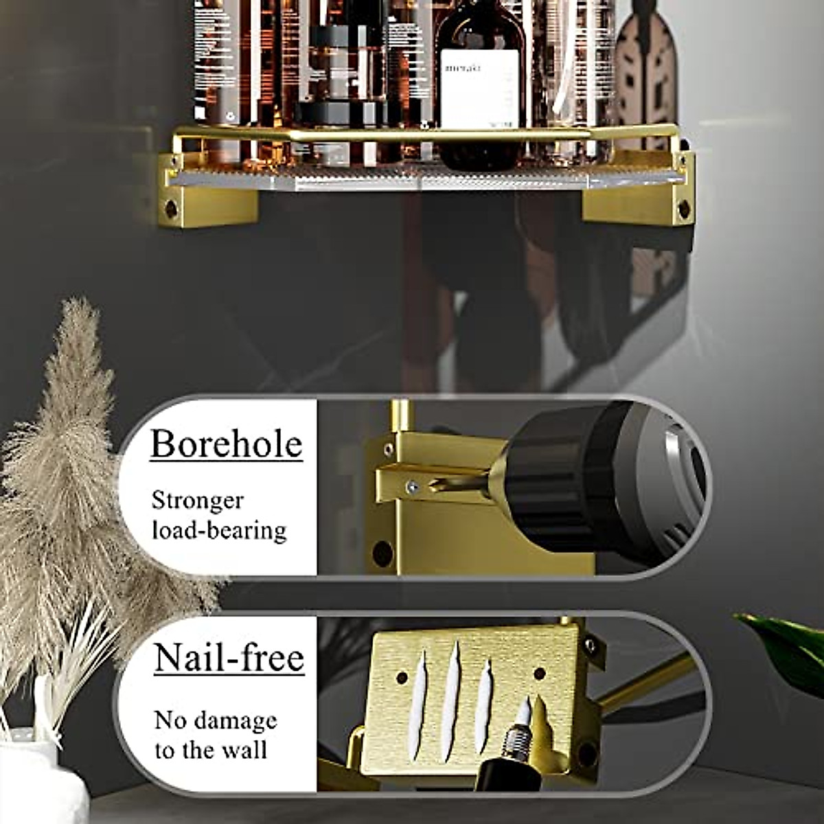 Corner Shower Caddy Shelf Gold，Acrylic Corner Shower Caddy，Shower Organizer Acrylic Corner Shower Shelf，Bathroom Floating Corner Shelf Soap and Shampoo Holder，Shower Shelf Organizer for Inside Shower