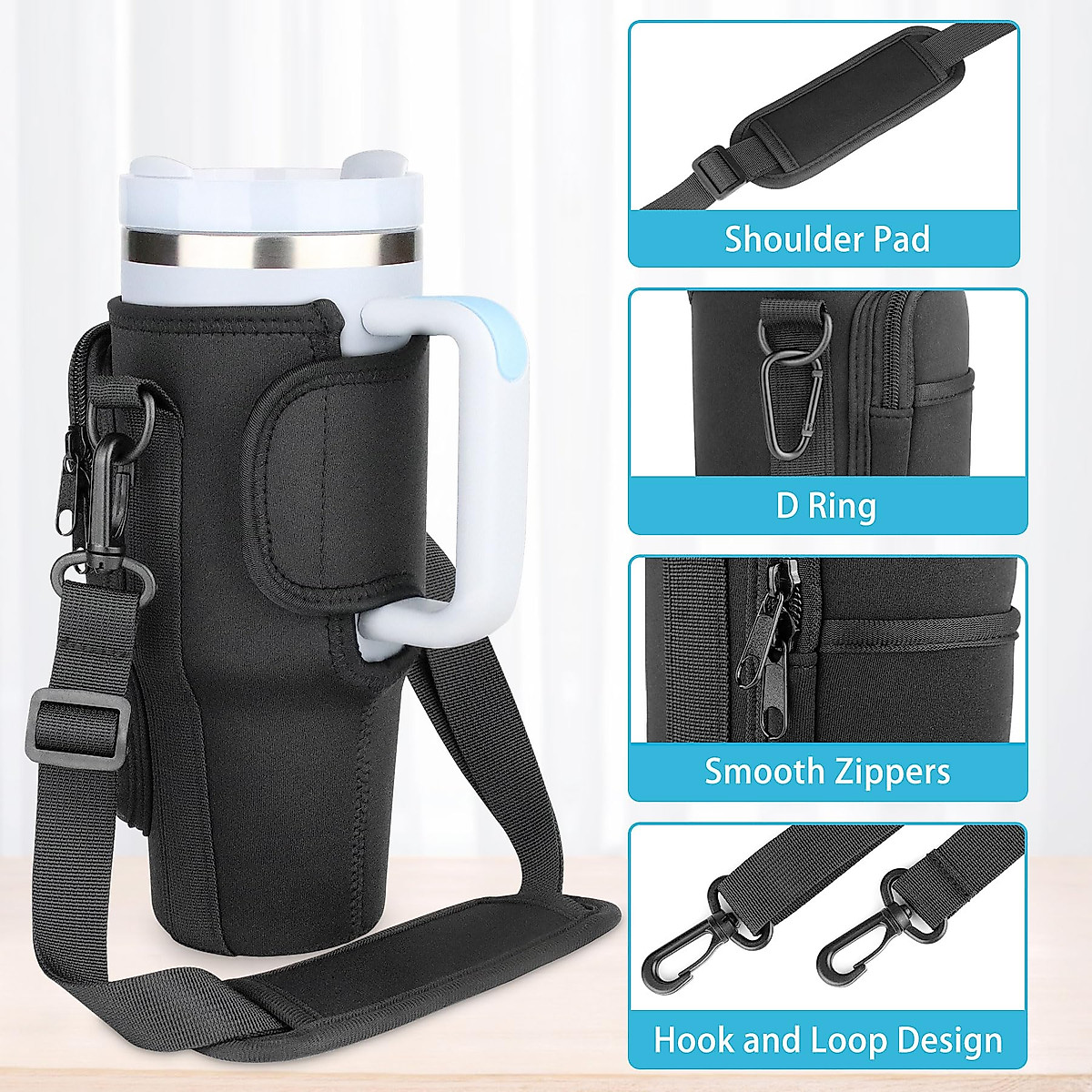 CTSZOOM Water Bottle Carrier Bag for Stanley 40 Oz Tumbler, Bottle Pouch Holder with Pocket and Adjustable Shoulder Strap for Stanley Quencher H2.0, Accessories for Stanley Cup Walking Camping Black