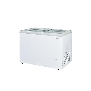 NAFCOOL 12.4 Cu.Ft Commercial Chest Freezer with LED Light,Temp Rang -8°F and 0°F,Glass Top Display Chest Freezer with 6 Removable Wire Baskets,Sliding Lids, Lock,Caster Wheels, White
