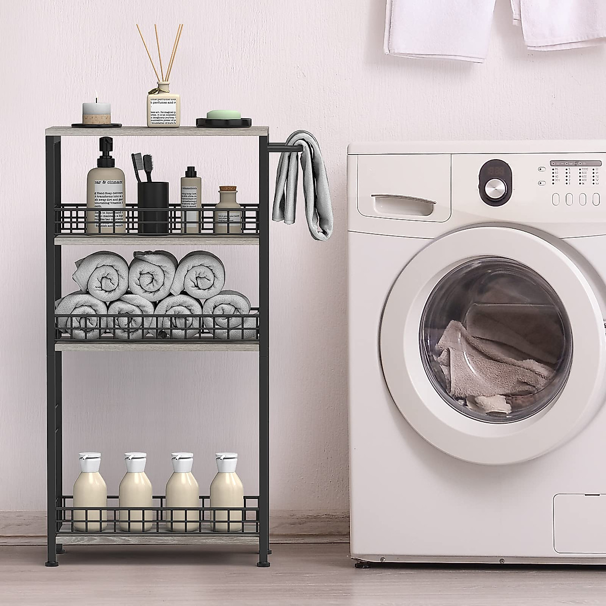 4 Tier Slim Storage Cart Narrow Laundry Cart on Wheels Utility Kitchen Rolling Cart with Wood Tabletop Mobile Shelving Unit Bathroom Storage Organizer Slide Out Rolling Tower for Narrow Spaces