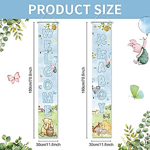 Classic Winnie Porch Sign for Boys Baby Shower Party the Winnie Bear Themed Yard Banner Blue Winnie Bear Party Decorations Polyester Welcome Door Hanging Decor Windproof Party Supplies 2PCS 12"X71"