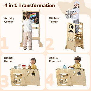 4 in 1 Convertible Learning Tower for Toddlers, MONBLAM Foldable Kitchen Step Helper Stool with Adjustable Height & Safety Rail for 1.5-5Y Kids Kitchen Bathroom Counter