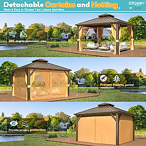 EROMMY Hardtop Gazebo 12' x 12', Galvanized Steel Double Roof Gazebo with Aluminum Frame, Permanent Outdoor Metal Pavilion with Curtain and Netting for Patio, Lawn and Garden