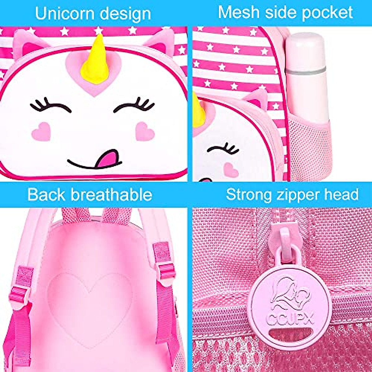 ZLYERT 3PCS Toddler Backpack for Girls, 12" Unicorn Preschool Bookbag with Lunch Box, Cute Animal Kids Kindergarten Schoolbag - Pink