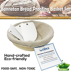 9 Inch Round Bread Basket Proofing Set- Banneton Bread Proofing Basket + Cloth Liner + Bowl Scraper + Smoother. For Home Bakers and Professionals- Great for Sourdough Starter ByChefCD