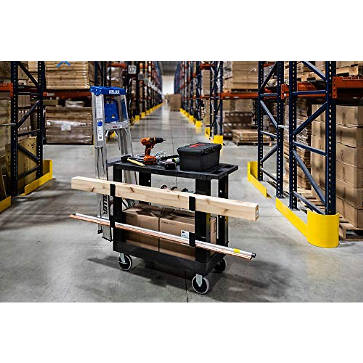 Offex 32" x 18" Mobile Multipurpose Utility Tub Cart with 3 Shelves and Ergonomic Handle - Black, Great for Warehouse, Garage and More