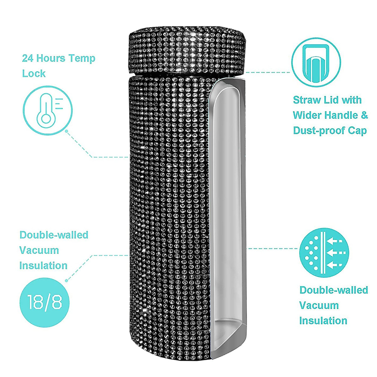 Bling Crytal 17oz Insulated Water Bottle with Strainer,Stainless Steel Thermal Bottle,Leak-Proof Double Walled Vacuum Insulated ,Diamond vacuum flask for woman to Travel, Picnic& Camping (black)