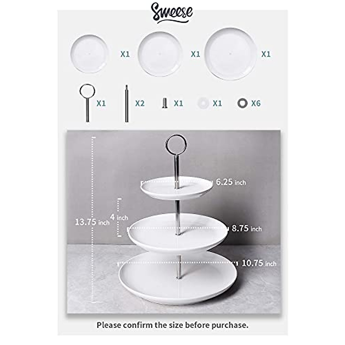 Sweese 731.101 3 Tiered Serving Stand, Foldable Rectangular Food Display Stand with White Porcelain Platters - Serving Trays, Dessert Display Server for Brithday Party, Valentine's Day and Events