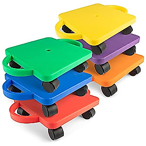 Champion Sports Scooter Board with Handles, Set of 6, Wide 12 x 12 Base - Multi-Colored, Fun Sports Scooters with Non-Marring Plastic Casters for Children - Premium Kids Outdoor Activities and Toys