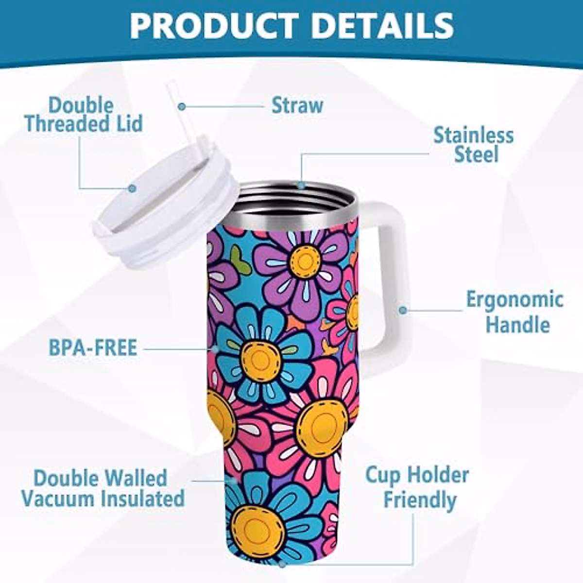30 oz Colorful Hippie Style Flower Insulated Tumbler with Handle, Stainless Steel Vacuum Water Bottles with Lid and Straw for Water, Iced Tea or Coffee