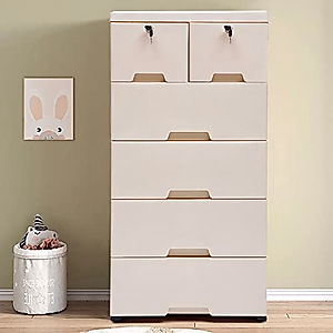 Plastic Dresser, Plastic Drawers Dresser, Clothes Drawer, Storage Cabinet with 6 Drawers, Closet Drawers Tall Dresser Organizer for kids Bedroom Playroom Furnitures (Beige, 19.7" W x 13.8" D x 40" H)