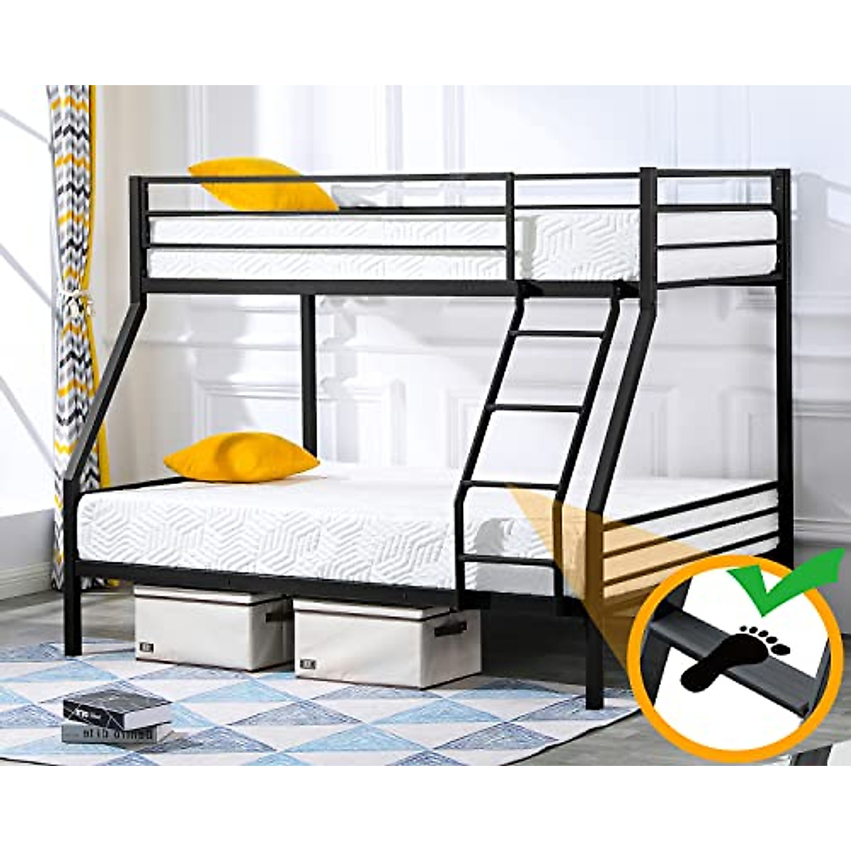 Bonnlo Twin Over Full Bunk Bed, Bunk Beds for Kids/Adults/Teens Bunk Bed with Stairs & Flat Rungs, Heavy Duty Metal Slat, No Box Spring Needed, Black