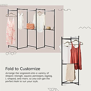 IRIS USA 3 Panels Collapsible Clothes Rack with Shelf, Customizable Garment Rack, Foldable Clothes Drying Rack, Locked and Leveled, Perfect for any Space, Modern and Fashionable, Black