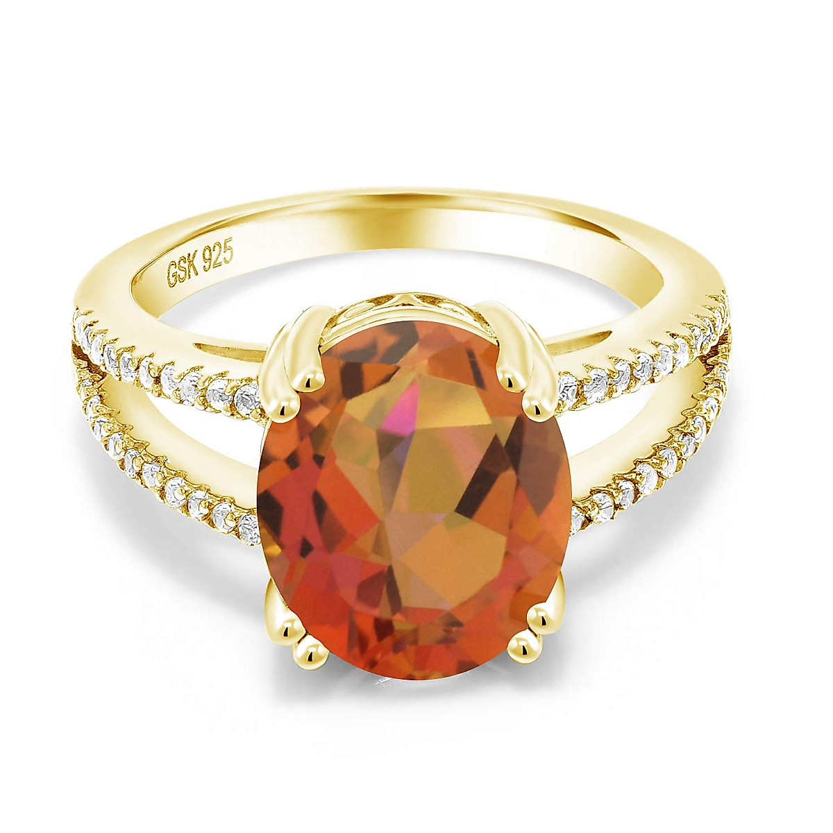 Gem Stone King 18K Yellow Gold Plated Silver Twilight Orange Mystic Quartz Ring For Women (4.48 Cttw, Oval 12X10MM, Gemstone Birthstone, Available In Size 5, 6, 7, 8, 9)