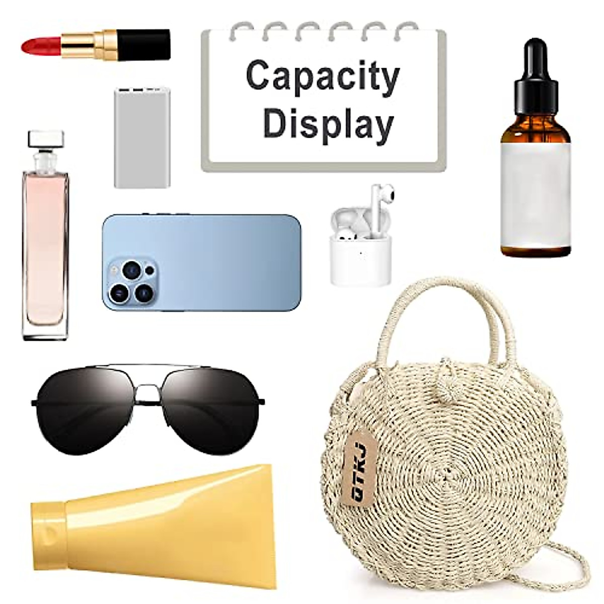 QTKJ Summer Beach Round Rattan Bag, Hand Woven Bali Straw Tote Crossbody Handbag for Womens