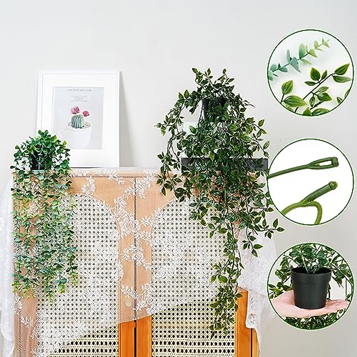 MARTINE MALL 2 Packs Artificial Hanging Plants Fake Hanging Plants, Small Potted Hanging Plants Fake Plants Mandala Hanging Vine Eucalyptus Vine for Shelf Home Office Bedroom Indoor Outdoor
