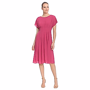 London Times Women's Pleat Tuck Catalina Crepe Dress with Waistband, Fuchsia Red, 14