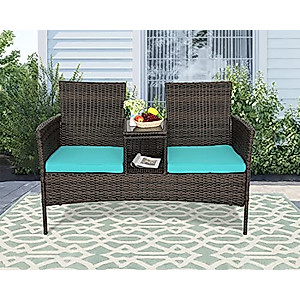 BPTD Outdoor Patio Loveseat Patio Furniture Set Rattan Patio Bistro Set Wicker Conversation Furniture Sets with Cushios and Built-in Coffee Table for Balcony, Lawn, Backyard (Brown/Turquoise)
