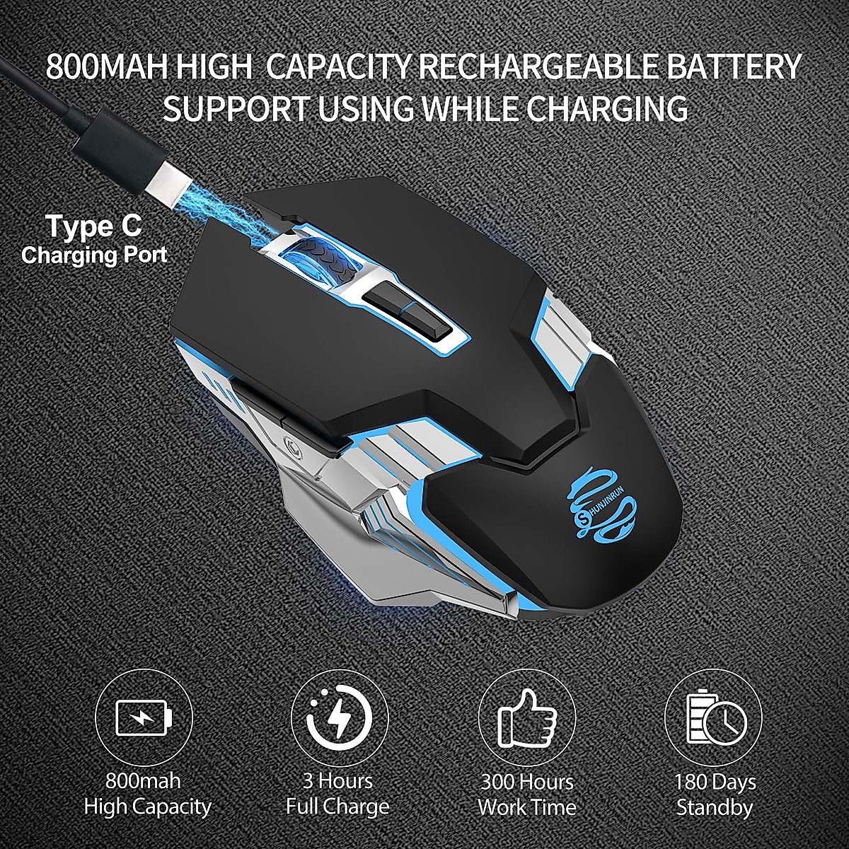 Bluetooth Mouse Rechargeable, Wireless Gaming Mouse Multi Device(BT5.0/3.0+2.4G) with Side Buttons, USB Receiver, RGB Backlit, Cordless Computer Mice for Laptop, Windows PC Mac Tablet(Black-Mute)
