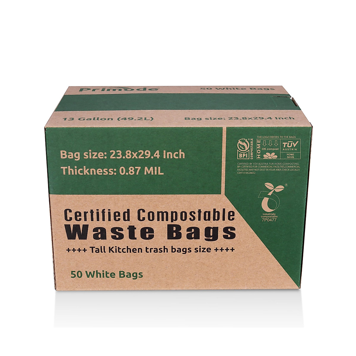 Primode Compostable Bags, 13 Gallon Food Scraps Yard Waste Bags, 50 Count, Extra Thick 0.87 Mil. ASTMD6400 Compost Bags Small Kitchen Trash Bags, Certified By BPI And TÜV AUSTRIA