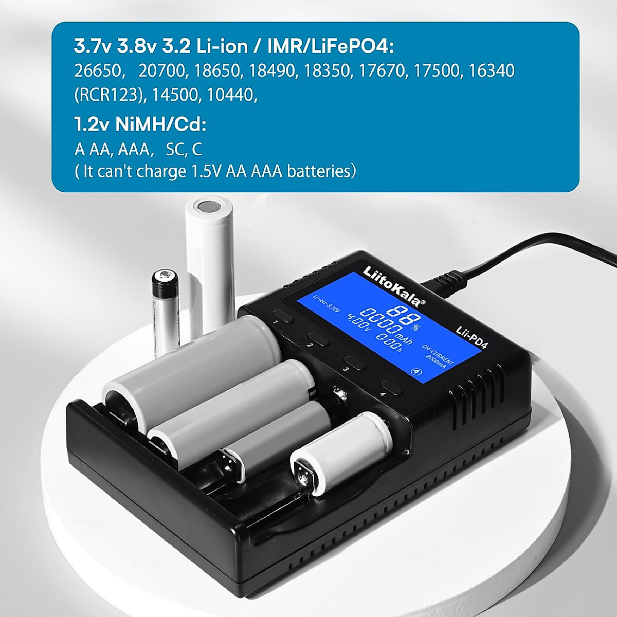 4 Bay Smart 18650 Charger with LCD Digital Display Universal Battery Charger for: 26650 20700 18650 18350 17670 17500 16340(RCR123) 14500 AA AAA SC C Batteries