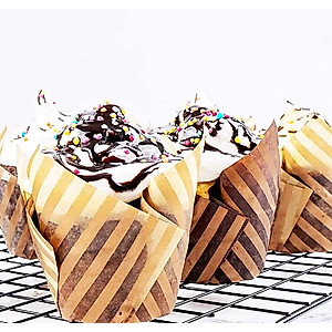 Baking Paper Cups Cupcake Liners Tulip Baking Paper Cups 100 Pcs Natural Stripes Tulip Style Baking Wrappers Muffin Cups-Muffin Wrappers Grease-Proof for Wedding Birthday Party