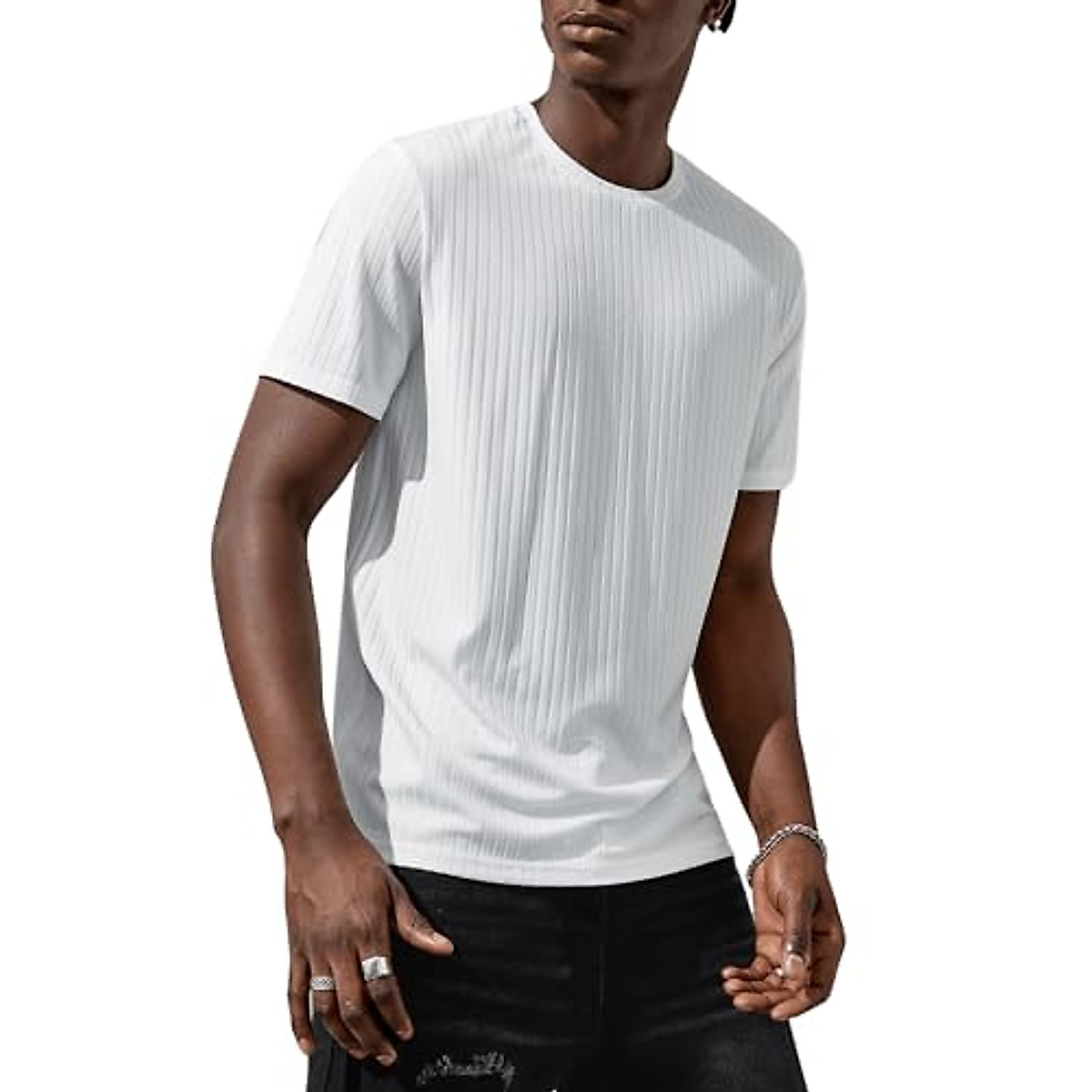 Verdusa Men's Short Sleeve Basic T Shirt Casual Round Neck Ribbed Tee Top White S
