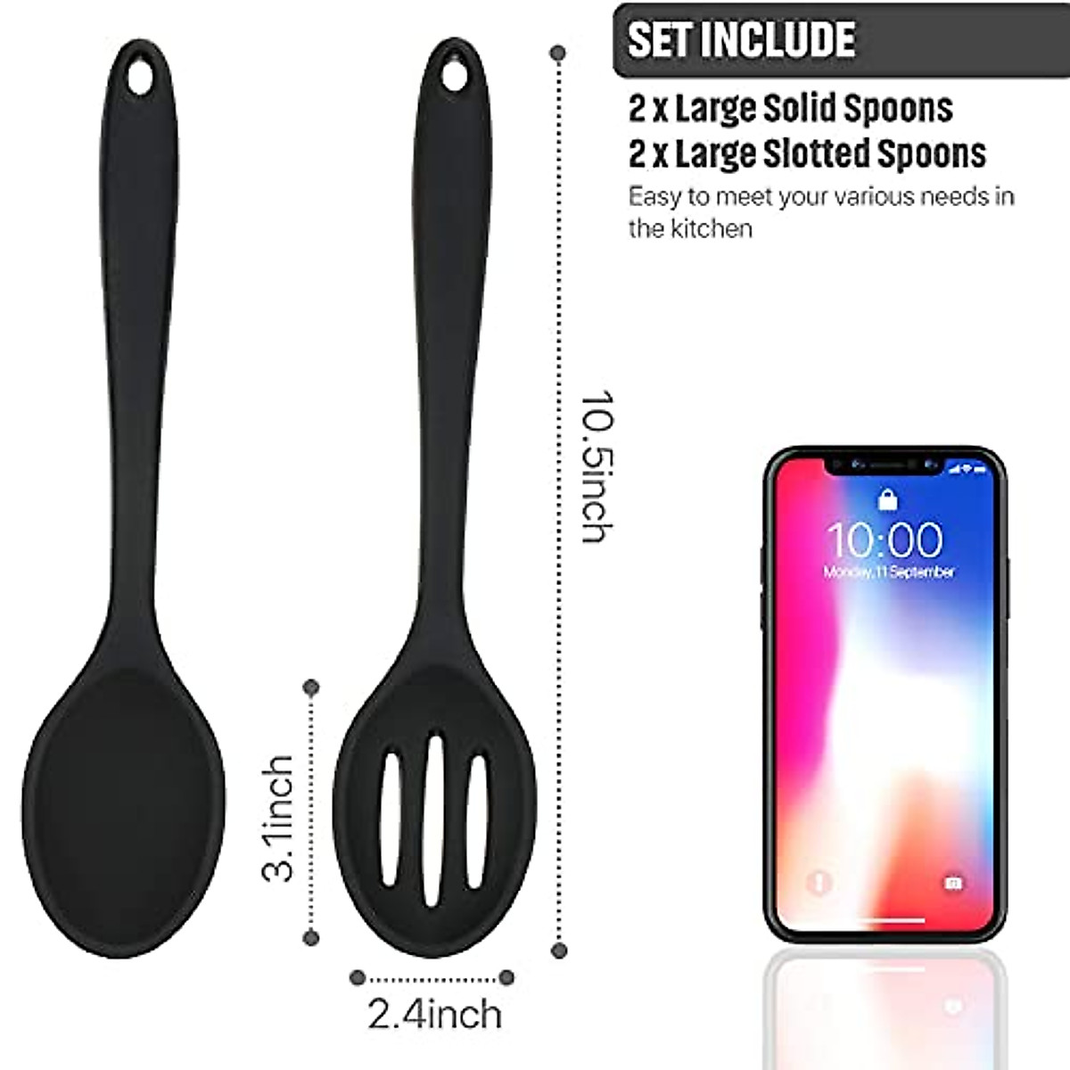 4 Pieces Silicone Cooking Spoons Set Silicone Serving Spoon Silicone Nonstick Mixing Spoons Slotted Spoons Large Nonstick Heat Resistant Spoons for Kitchen Cooking Bake Stir Draining Tool (Black)