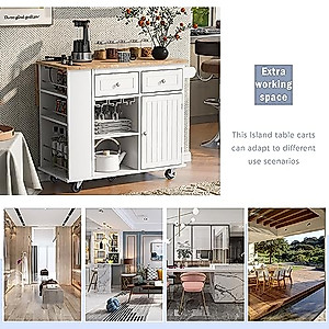 Kitchen Island On Wheel with Power Outlet, Open Storage Kitchen Island with Drop Leaf, Rolling Kitchen Island Cart, Wine Rack, Adjustable Shelves for Home, Kitchen, Dining Room, White