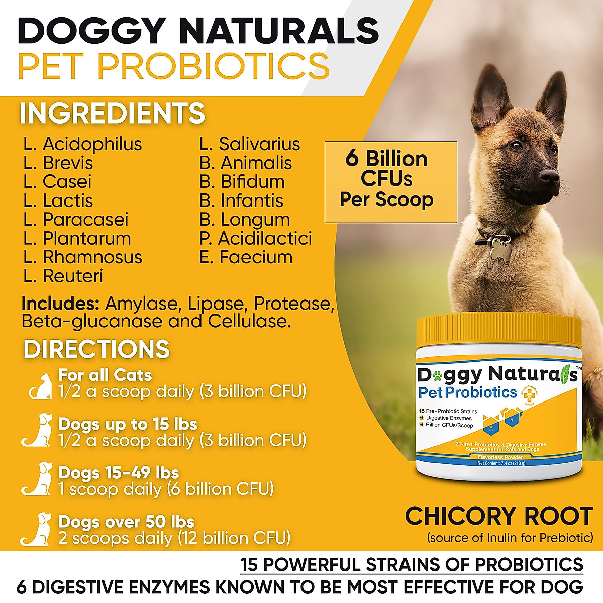 Probiotics for Dogs and Cats - Max-Strength with15 Strains Pre &Probiotics Digestive Health, Increase & Maintain Proper Gut Flora(Made in USA) 7.4 Oz (6 Billion CFU Per Scoop)