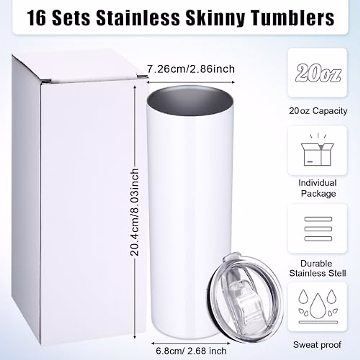 16 Pack 20 oz Stainless Steel Skinny Tumbler Water Tumbler Cup Insulated Stainless Steel Cups with Lid Double Layer Travel Coffee Mug Reusable for Hot Cold Drink Home Office Car Use(White)