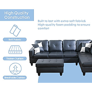 Caberryne Sectional Couch for Living Room Furniture Sets,Black Leather Sectional Sofa L Shape Couch with Chaise and Storage Ottoman for Living Room/Apartment/Office（Facing Right Chaise）