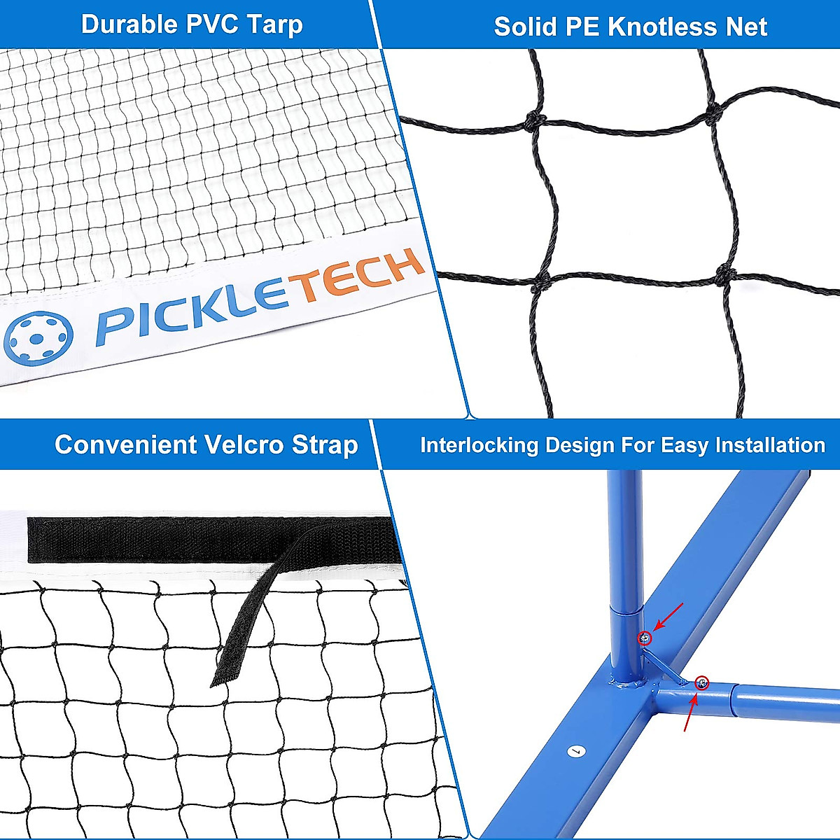 PICKLETECH Portable Pickleball Net Outdoor 22FT Regulation Size Set 3.0 Reinforced Version (Blue)
