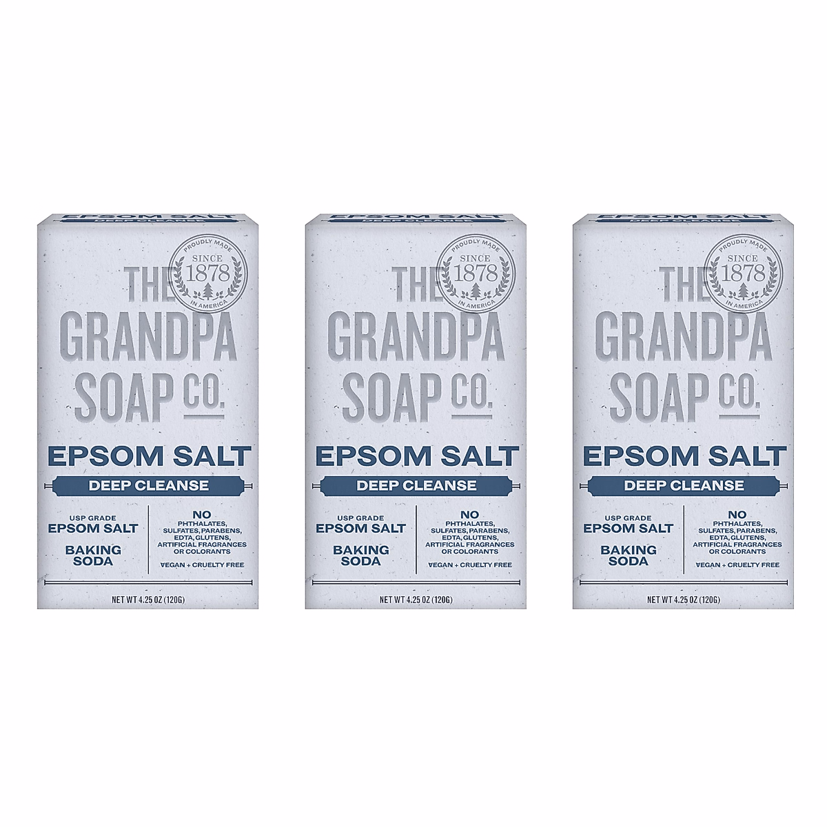 The Grandpa Soap Company Epsom Salt Bar Soap - Deep Cleansing Soap, Made with Epsom Salt and Baking Soda, Removes Dirt Grease and Grime, Vegan, For Face and Body, 4.25 Oz, 3 Pack