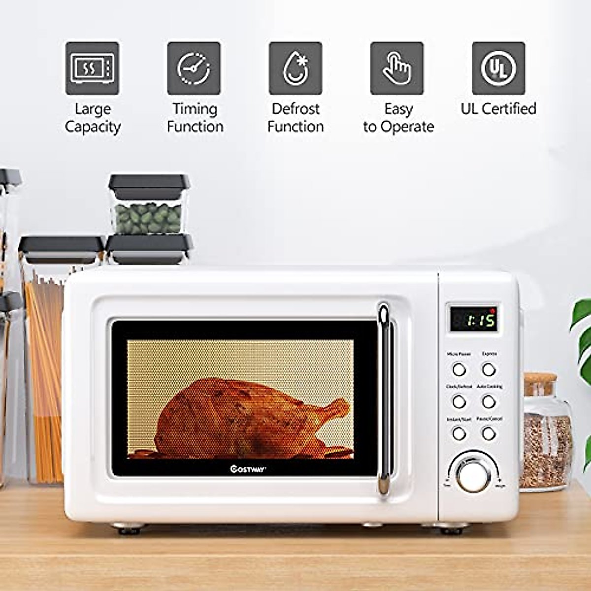 COSTWAY Retro Countertop Microwave Oven, 0.7Cu.ft, 700-Watt, High Energy Efficiency, 5 Micro Power, Delayed Start Function, with Glass Turntable & Viewing Window, LED Display, Child Lock (White)