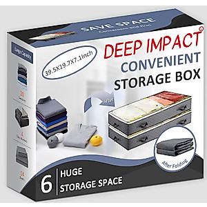 Deep Impact Under Bed Storage Containers, 90L 6 Pack Underbed Storage with Handles, Dual Zippers, & Clear Top, Under The Bed Storage Bins for Clothes, Blankets, Towels, Comforter, Sweaters, Pillows