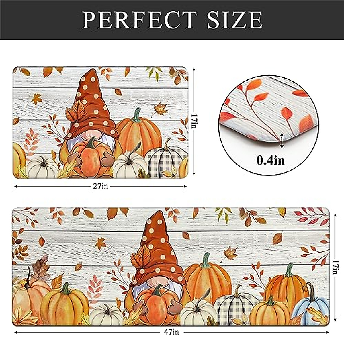 Bsmathom Fall Anti Fatigue Kitchen Rug Sets 2 Piece, Non Slip Waterproof Thick Cushioned Kitchen Rugs and Mats Set of 2, Pumpkin Thanksgiving Kitchen Runner Carpet Comfort Standing Mat