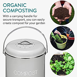 Navaris Metal Compost Caddy Bin - 1.3 Gallon Kitchen Composting Bucket with Charcoal Filter and Lid for Indoor Food Waste Recycling - 5 Litre - Gray