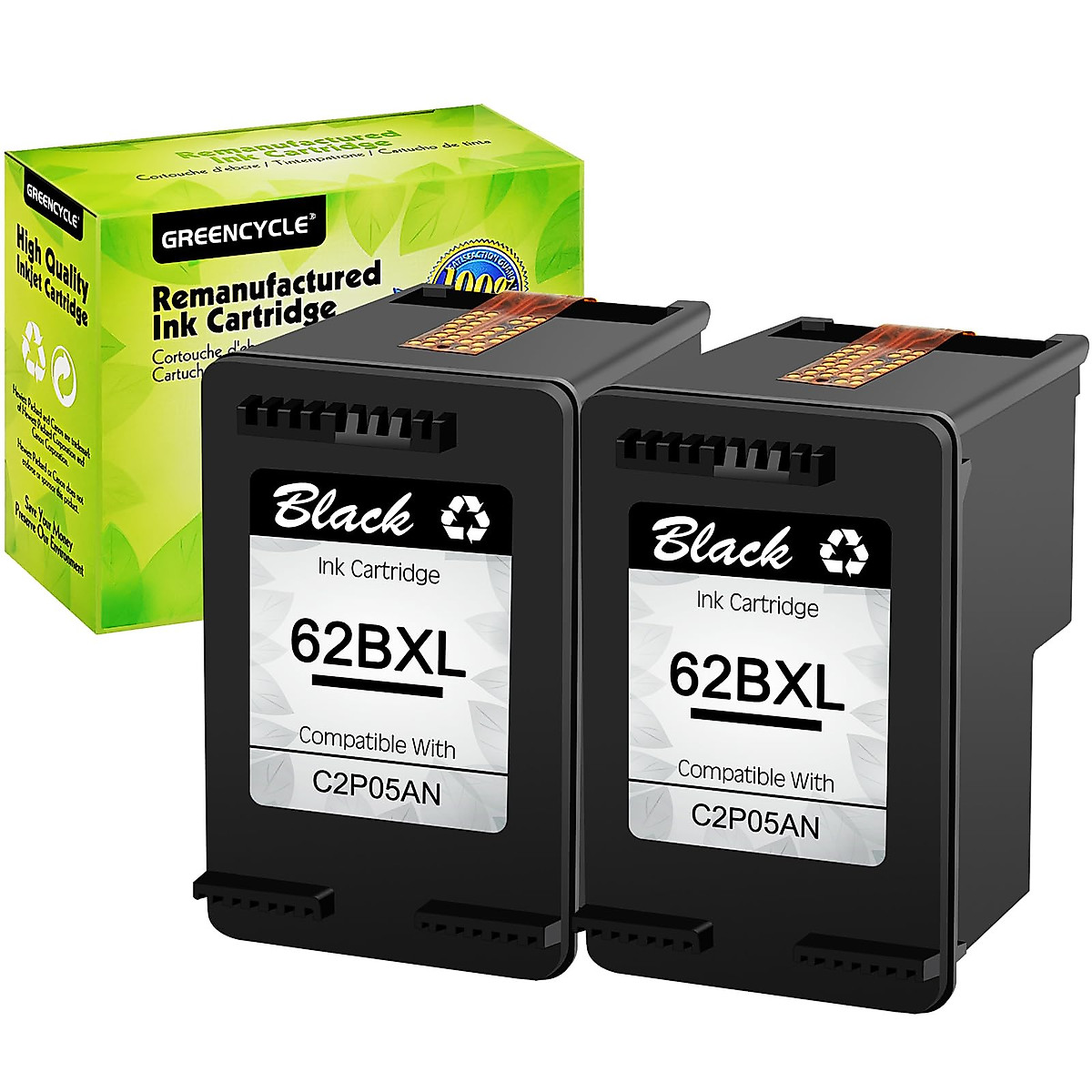 greencycle Remanufactured Ink Cartridge Replacement for HP 62XL 62 XL C2P05AN Compatible for Envy 5540 5640 5660 7644 7645 OfficeJet 5740 8040 OfficeJet 200 250 Series Printer (Black, 2 Pack)