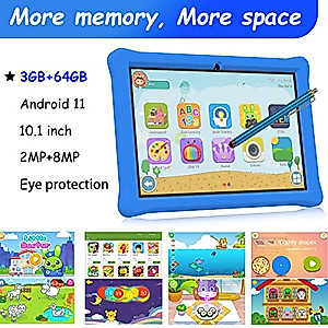 RUIQIAI Kids Tablet 10 inch with Case, Android 11 Tablet for Kids, 3GB+64GB, IPS Touch Screen, Parental Control, Dual Cameras, Wi-Fi,BT（Tablet with Pen）