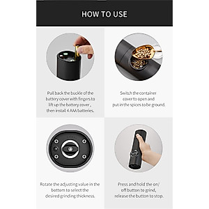 L & H Household Electric Pepper Salt Grier, Adjustable Coarseness, Battery Powered with LED Light, One Ha 3D Pattern Push Buttun Operation, ABS Black-1PC, 55*50*180MM (KYMQ-14)