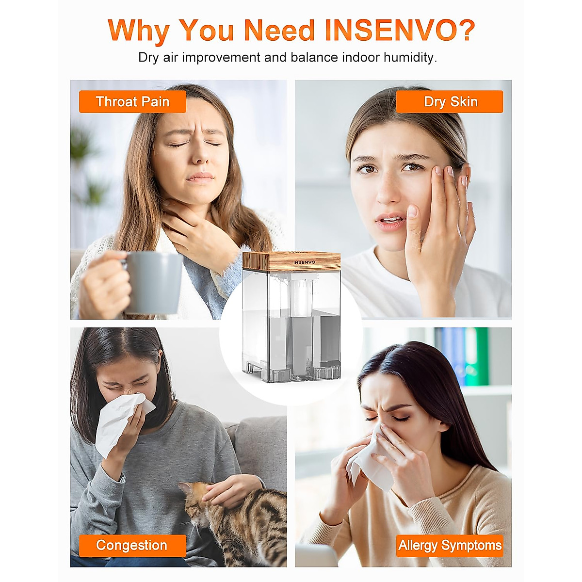 INSENVO Humidifier 7.5L for Bedroom, Anti-leak Design&Top Fill, Ultrasonic Cool Mist Air Humidifers Indoor for Baby&Plants, Disassemble&Clean Easily, Visualized Outlook, Auto Shut-off, Wood Pattern