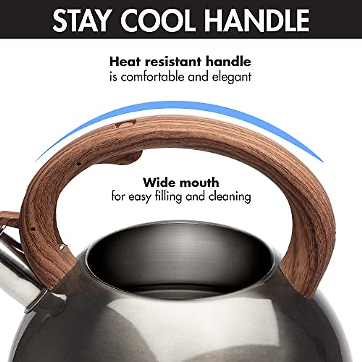 Primula Avalon Whistling Stovetop Tea Kettle, Food Grade Stainless Steel Wide Mouth, Fast to Boil, Cool Touch Handle, 2.5-Quart, Gunmetal Grey and Wood-Look