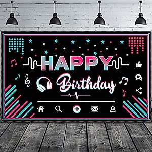 Music Happy Birthday Party Backdrop Musical Social Media Birthday Party Supplies Social Media Photography Background Large Fabric Banner for Teens, 73 x 43 Inches
