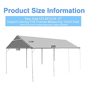BOUTICOL 10 x 20 Ft Heavy Duty Carport Replacement Canopy Cover Waterproof & UV Protected Garage Top Tent Shelter Tarp Cover with 44 Ball Bungees Cords, Only Top Cover, Grey