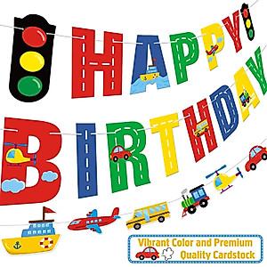 Faisichocalato Transportation Happy Birthday Banner Car Bus Train Plane Ship Helicopter Traffic Light Photo Props Garland for Kids Transportation Theme Birthday Party Decorations Baby Shower Supplies