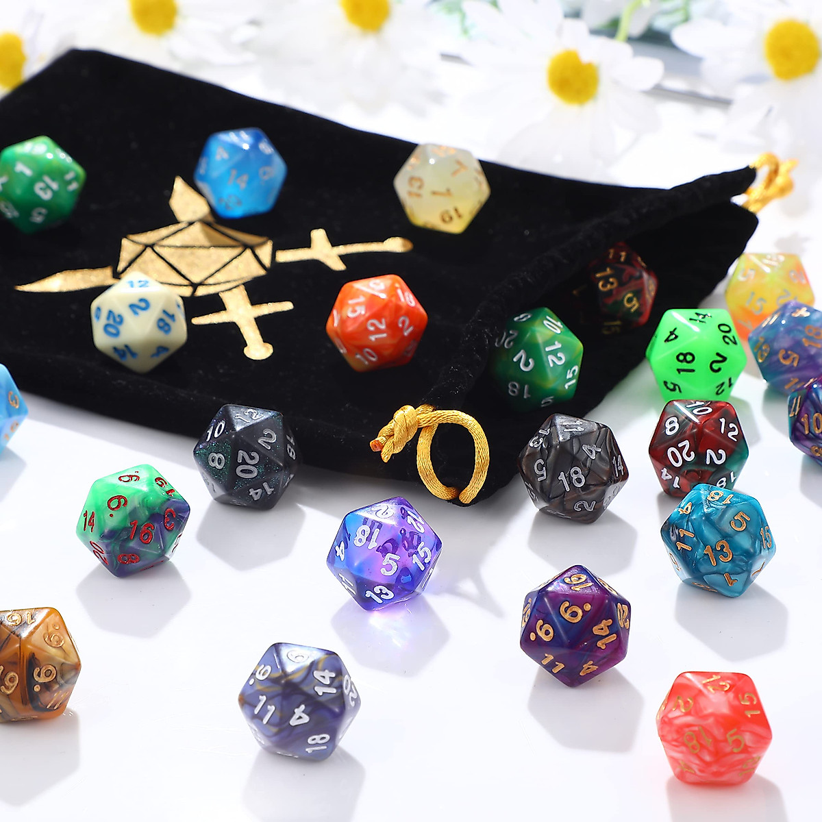 TecUnite 25 Pieces Polyhedral Dice Set with Black Pouch Compatible with RPG MTG and Others with Random Multi Colored Assortment(Star)