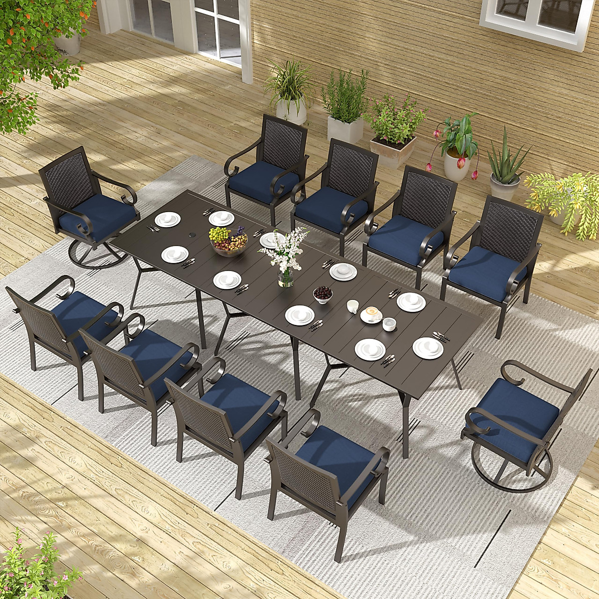 RTDTD 13 Pieces Outdoor Dining Set Patio Dining Table and Chairs Set Outdoor Furniture Set with 3 Square Metal Dining Tables with Umbrella Hole，10 Wicker Patio Chairs with Dark Blue Cushions