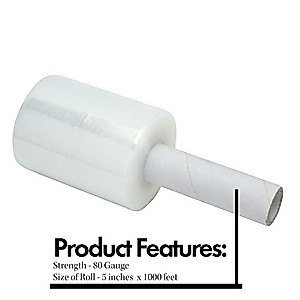 Stretch Wrap, 2-Pack Mini Stretch Wrap Roll – Stretch Wrap with Handle for Pallet Wrapping and Packaging – 80 Gauge Shrink Wrap Roll – 5-inch by 1000ft Professional Plastic Wrap